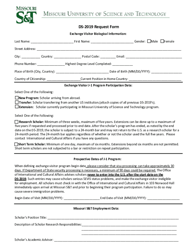 Fillable Online mse mst DS-2019 Request Form - Missouri S&T Fax Email ...
