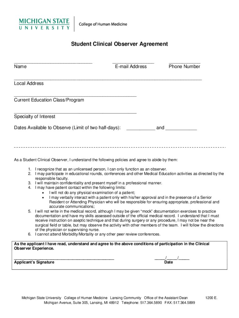 Fillable Online OBSERVERSHIP AGREEMENT: STUDENTS AND OTHER NON-FACULTY ...