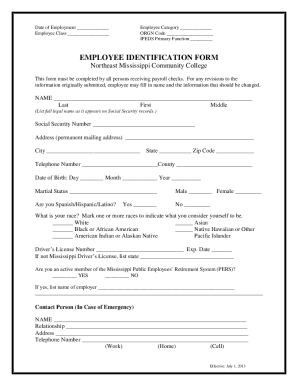Fillable Online EMPLOYEE IDENTIFICATION FORM Northeast Mississippi ...