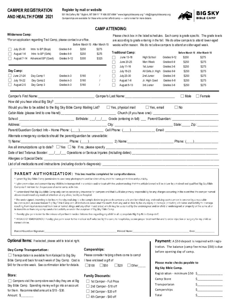 Fillable Online CAMPER REGISTRATION AND HEALTH FORM Fax Email Print ...