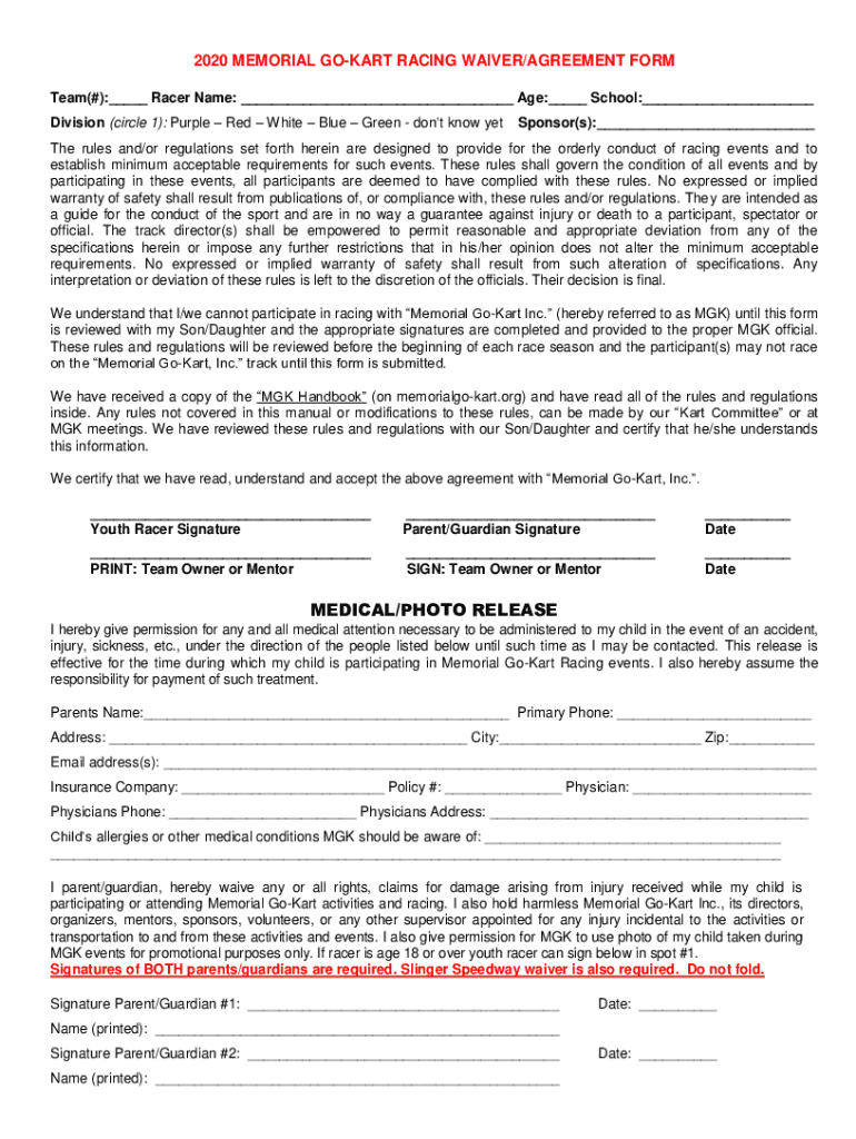 Fillable Online 2020 MEMORIAL GO-KART RACING WAIVER/AGREEMENT FORM Fax ...