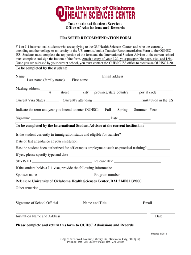 Fillable Online Transfer recommendation form transfer in.doc Fax Email ...
