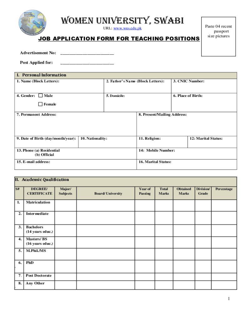 Fillable Online JOB APPLICATION FORM FOR TEACHING POSITIONS Fax Email ...