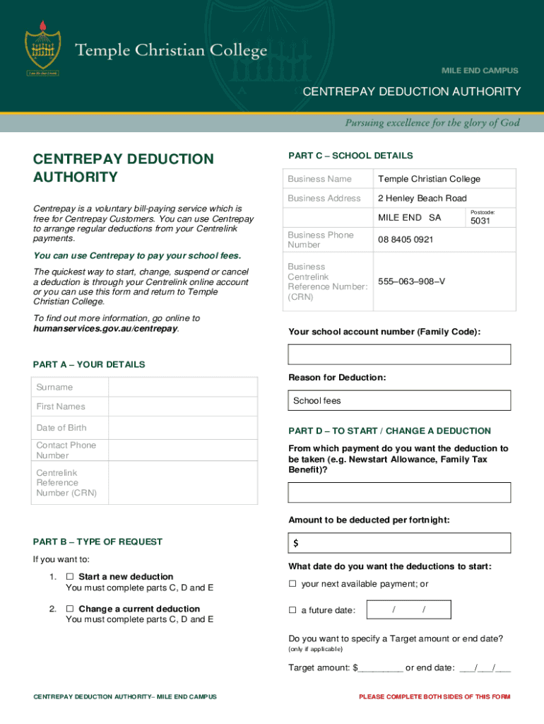 Fillable Online CENTREPAY DEDUCTION PART C SCHOOL DETAILS AUTHORITY Fax ...