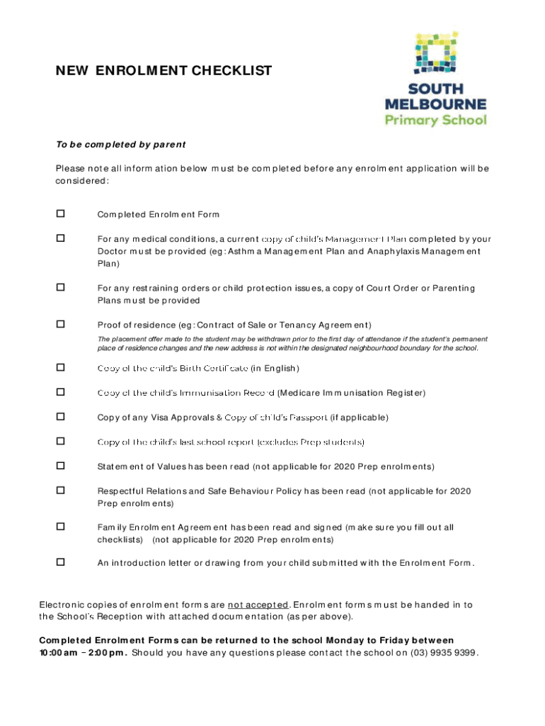 Fillable Online NEW ENROLMENT CHECKLIST - South Melbourne Primary School Fax Email Print - pdfFiller