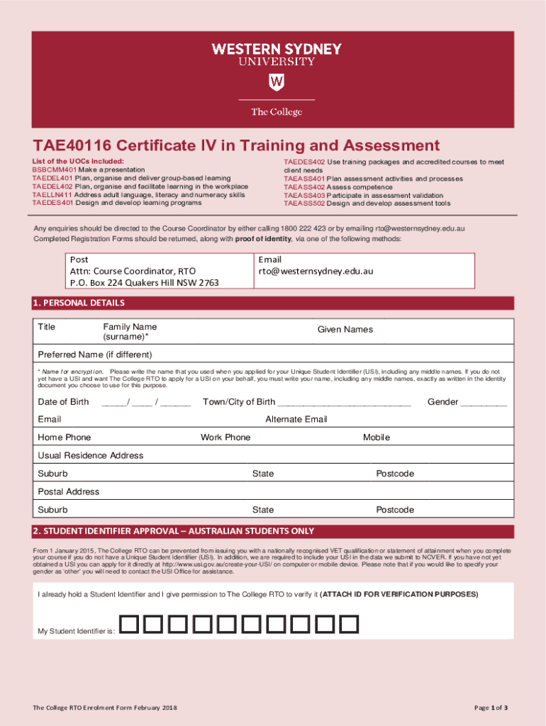 Fillable Online training.gov.au - TAE40116 - Certificate IV in Training ...