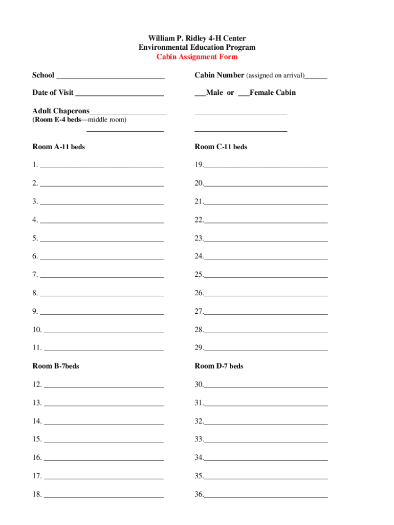 Fillable Online Cabin Assignment Form - University of Tennessee ...