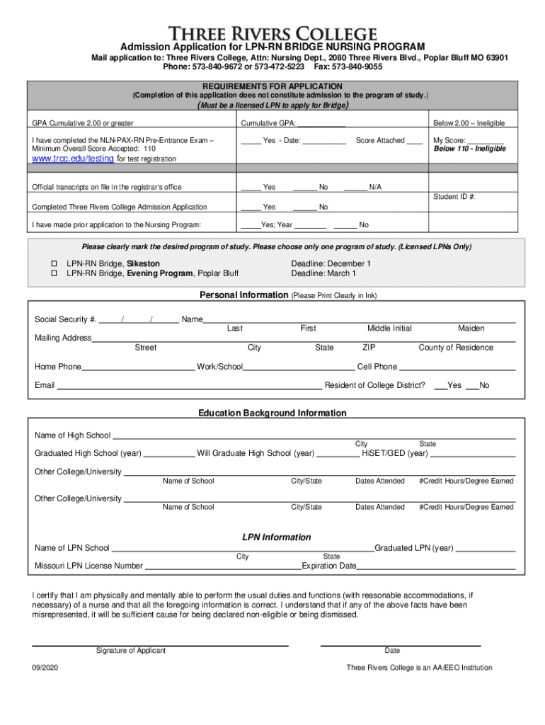 Fillable Online Fillable Online Admission Application for LPN-RN BRIDGE ...