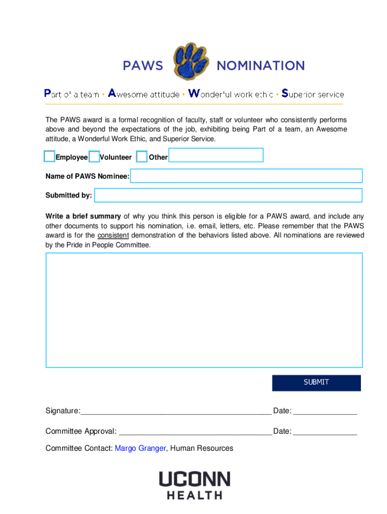 Fillable Online The PAWS award is a formal recognition of faculty ...
