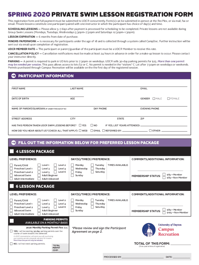 Fillable Online SPRING 2020 PRIVATE SWIM LESSON REGISTRATION FORM Fax ...