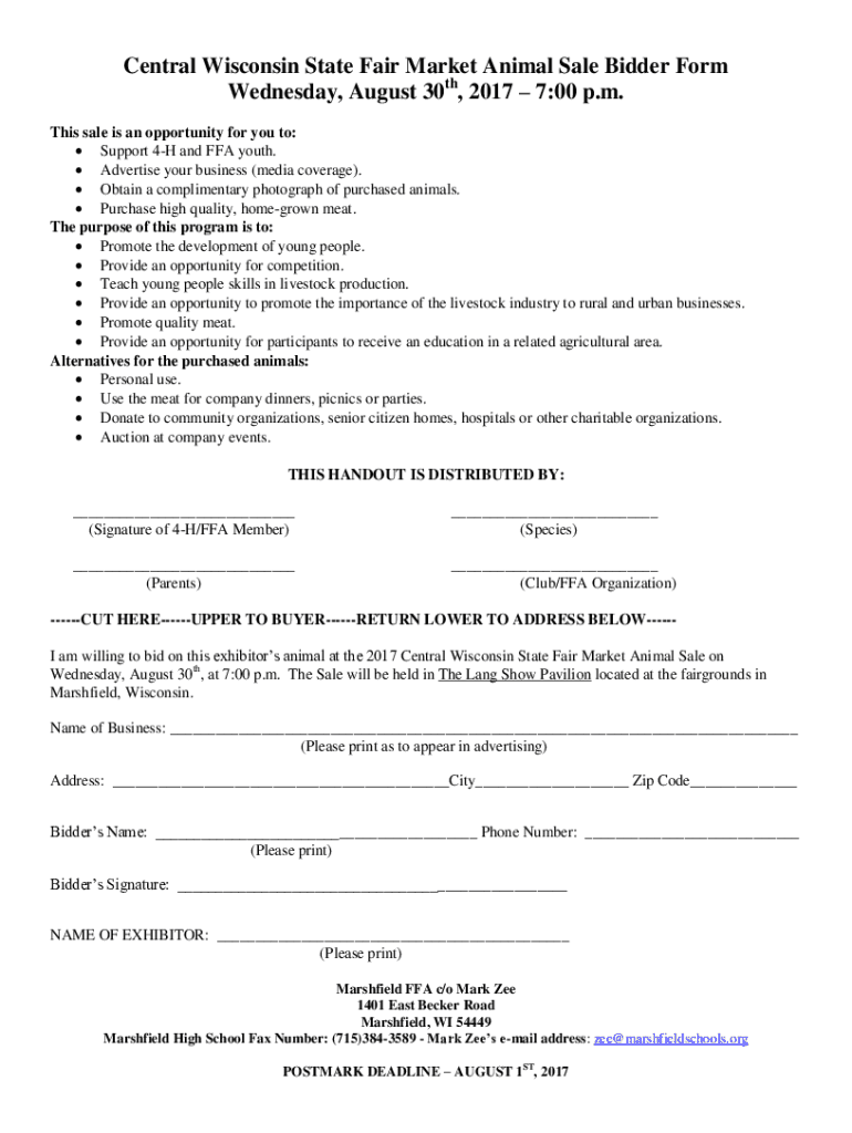 Fillable Online Central Wisconsin State Fair Market Animal Sale Bidder ...