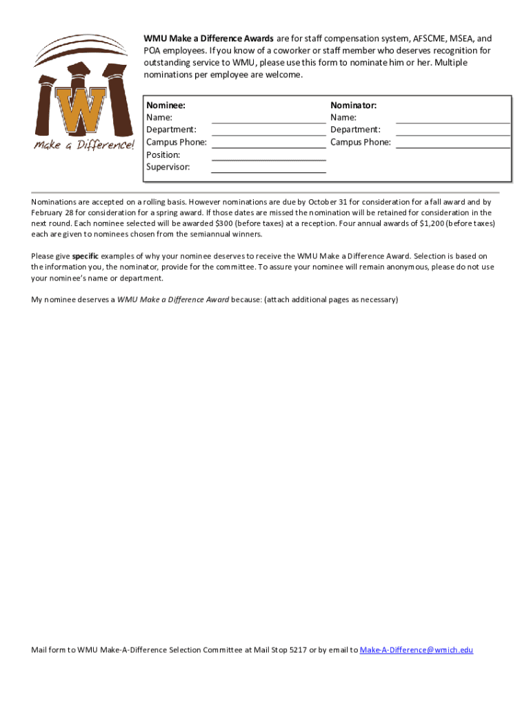 Fillable Online WMU Make A Difference Semi Annual Nomination Form. WMU Make A Difference ...