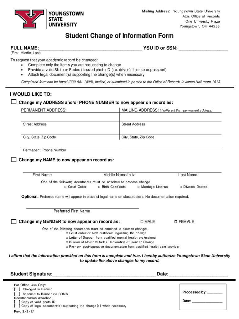 Fillable Online cms ysu Youngstown, OH 44555 Student Change of Information Form Fax Email Print ...