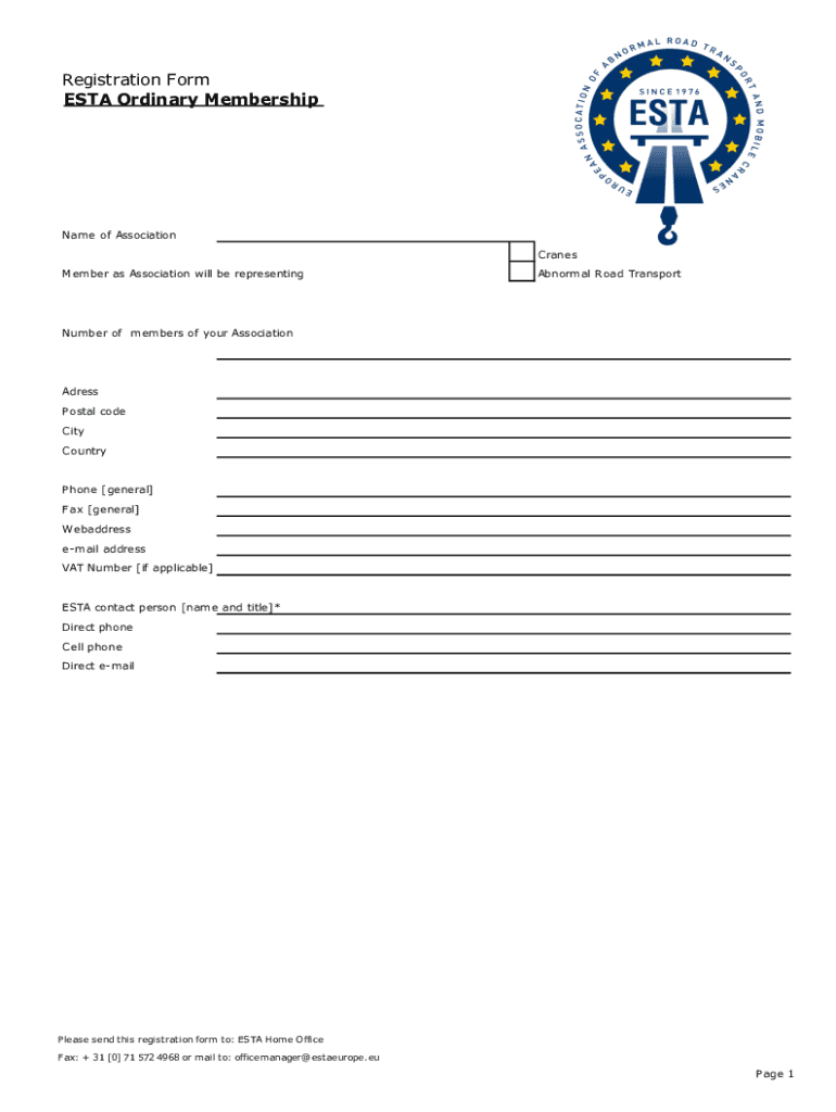 Fillable Online ESTA Registration Form Ordinary Membership Fax Email ...