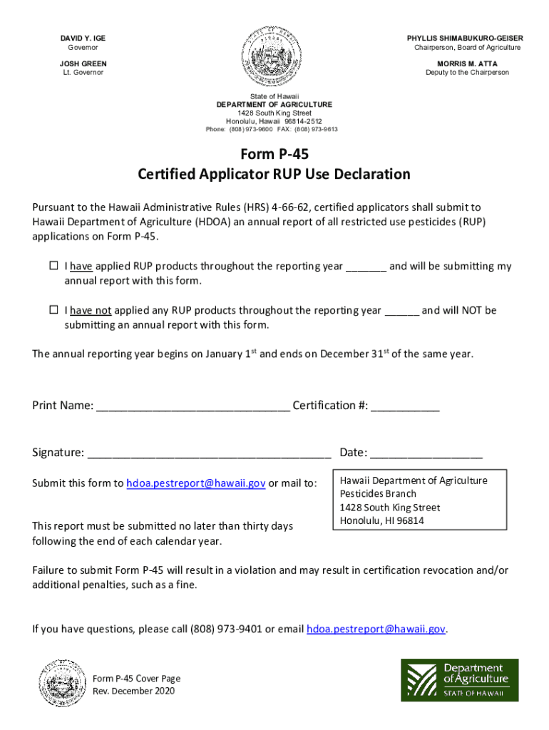 Fillable Online Form P-45 Certified Applicator RUP Use Declaration Fax Email Print - pdfFiller