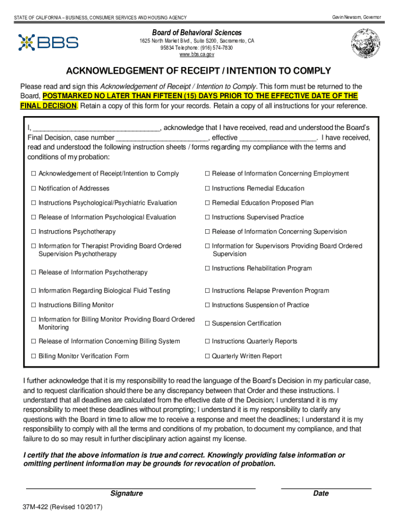 Fillable Online bbs ca Board of Behavioral Sciences ACKNOWLEDGEMENT OF ...