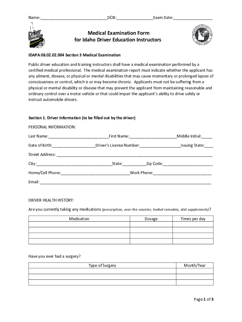 Fillable Online sde idaho Driver Education Instructor Medical ...