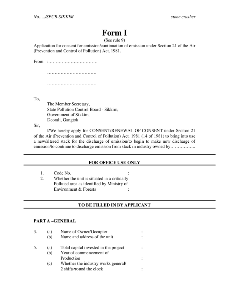 Fillable Online sikenvis nic FORM - 1 FOR AIR CONSENT - MP Pollution ...