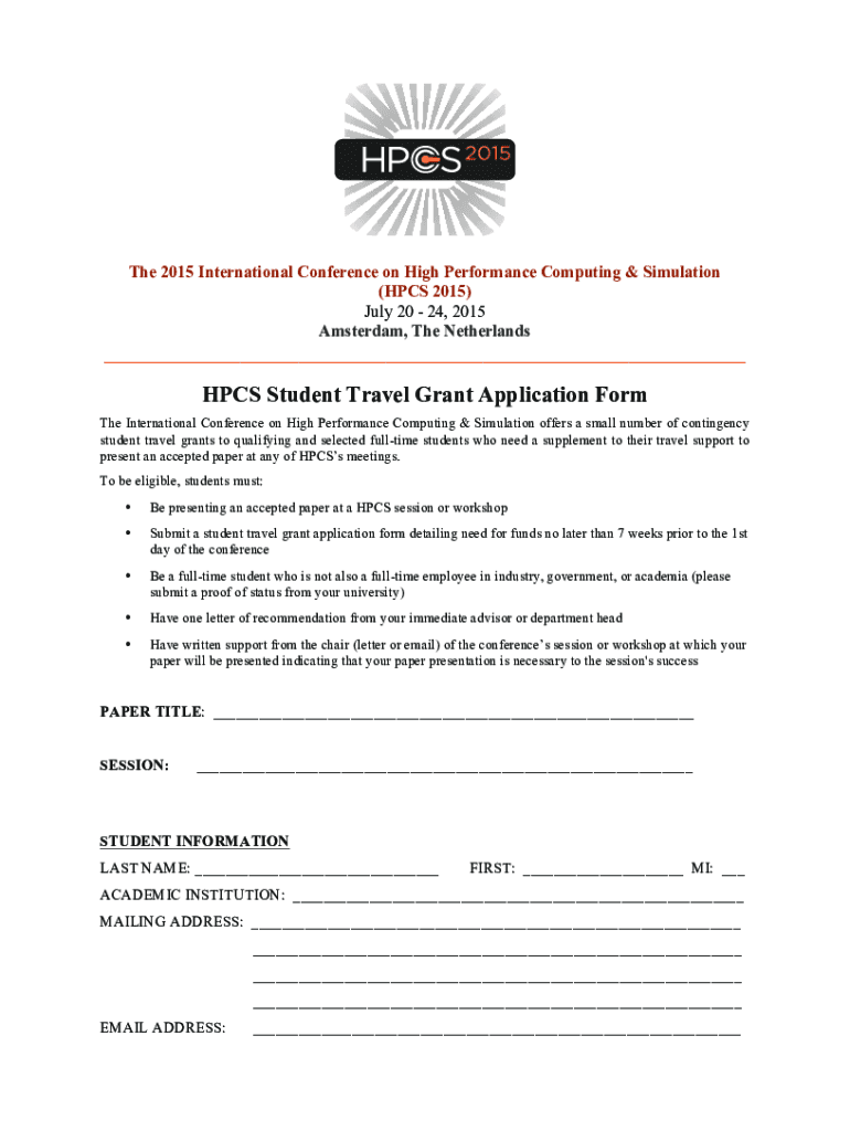 Fillable Online Student Travel Grant Application Form-HPCS2015 Fax Email Print - pdfFiller