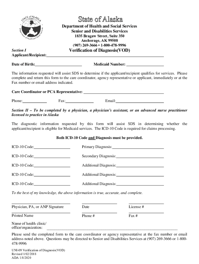 Fillable Online dhss alaska Verification of Diagnosis. physician's form ...