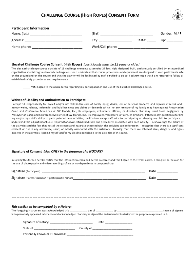 Fillable Online CHALLENGE COURSE (HIGH ROPES) CONSENT FORM Fax Email Print - pdfFiller