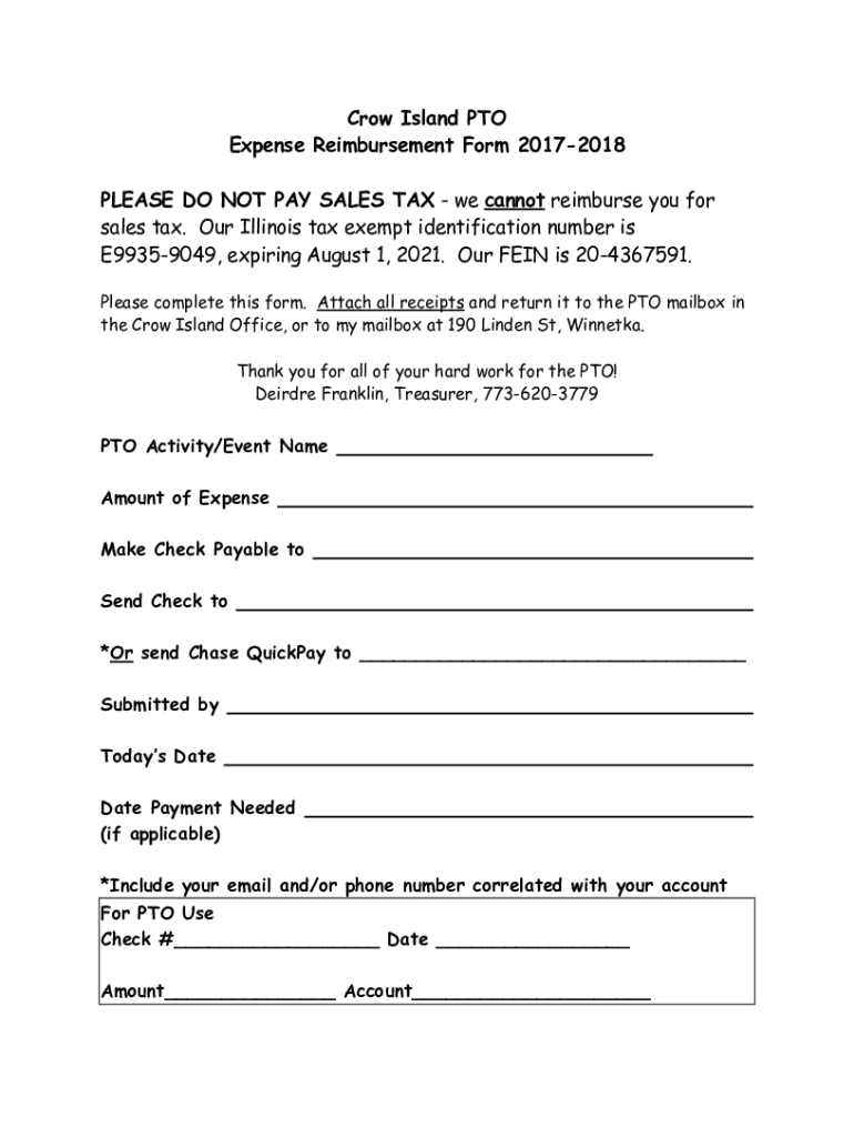 Fillable Online CI PTO Reimbursement Form 2017-2018 - Crow Island PTO Fax Email Print - pdfFiller