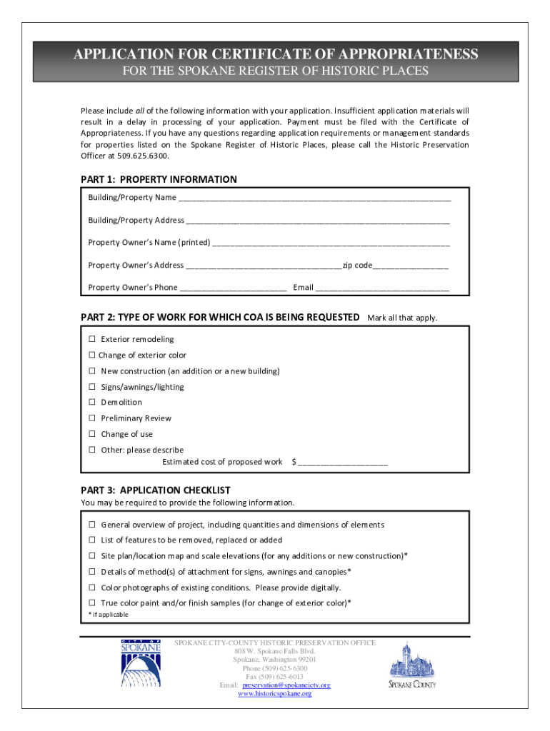 Fillable Online APPLICATION FOR CERTIFICATE OF APPROPRIATENESS FOR THE ...