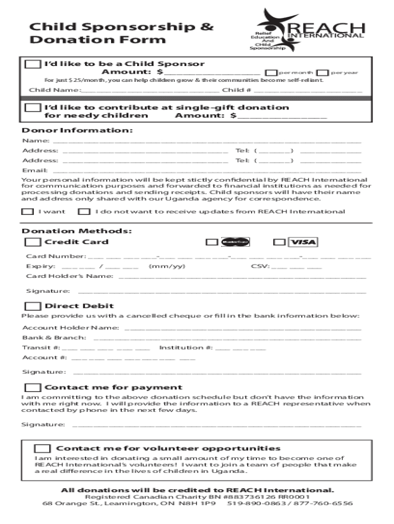 Child Sponsorship & Donation Form - Blank Fillable Template | Fill Out ...