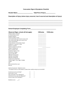 Fillable Online Concussion Checklist Signs and Symptoms Evaluation Form ...