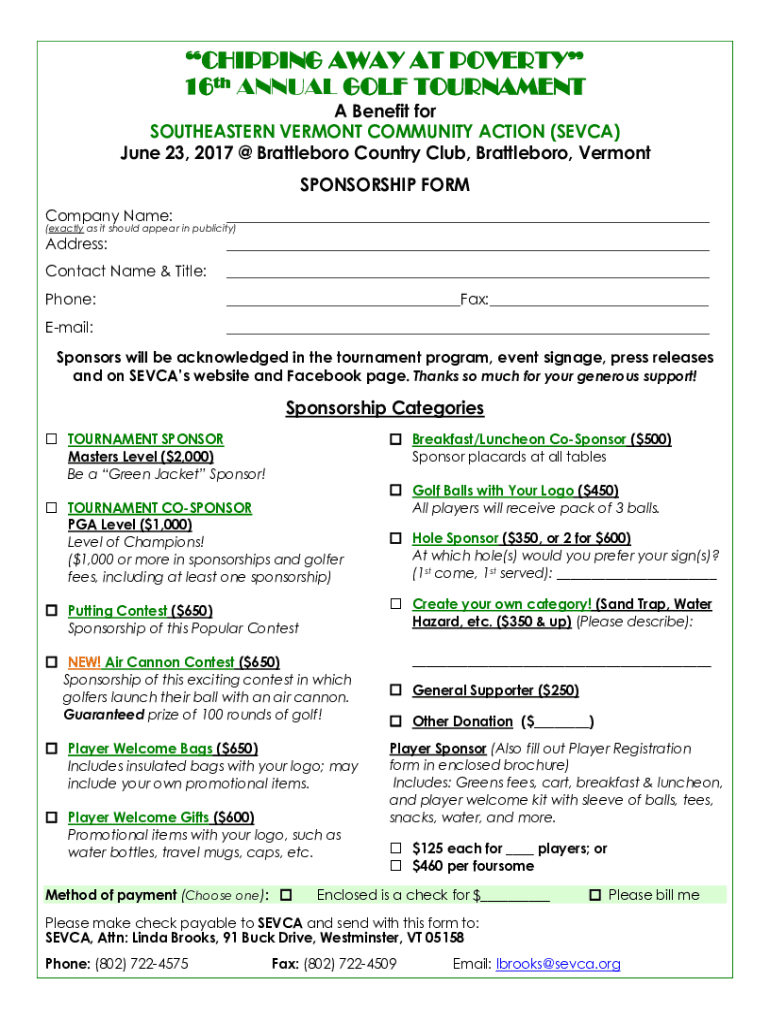 Fillable Online SEVCAs Chipping Away at Poverty Benefit Golf Tournament ...