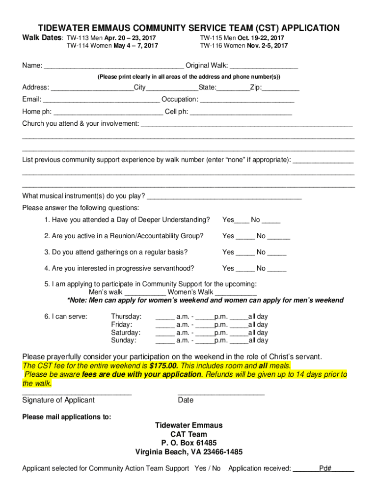 Fillable Online TIDEWATER EMMAUS COMMUNITY SERVICE TEAM (CST ...