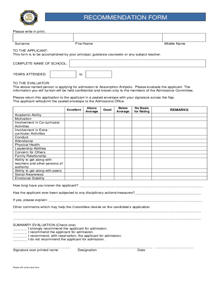 Fillable Online assumptionantipolo edu RECOMMENDATION FORM - Assumption ...