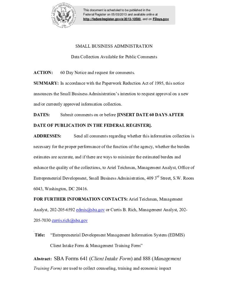 Fillable Online Abstract: SBA Forms 641 (Client Intake Form) and 888 ...