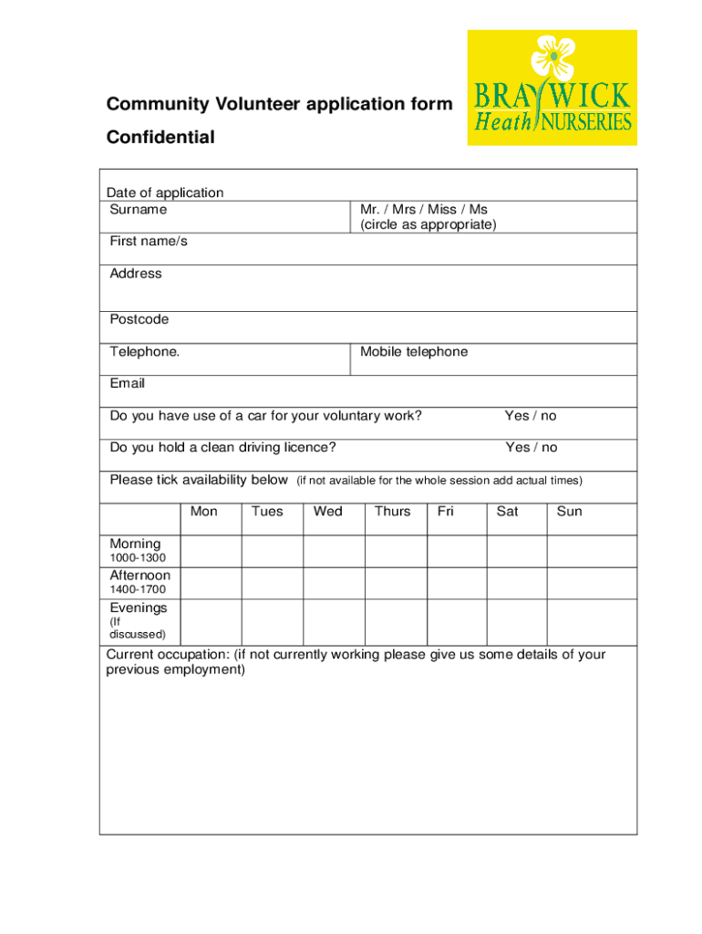 Fillable Online Community Volunteer application form Confidential Fax ...