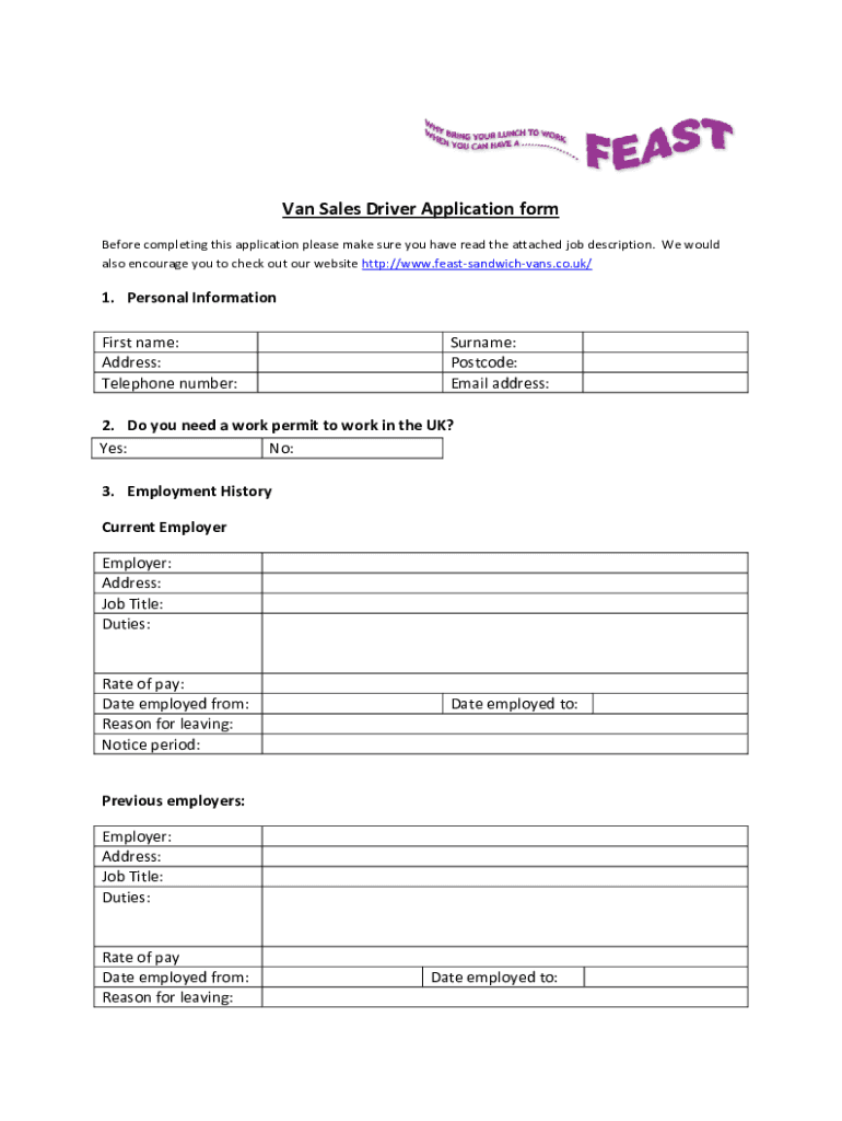 Fillable Online Van Sales Driver Application form - Feast Sandwich Vans ...