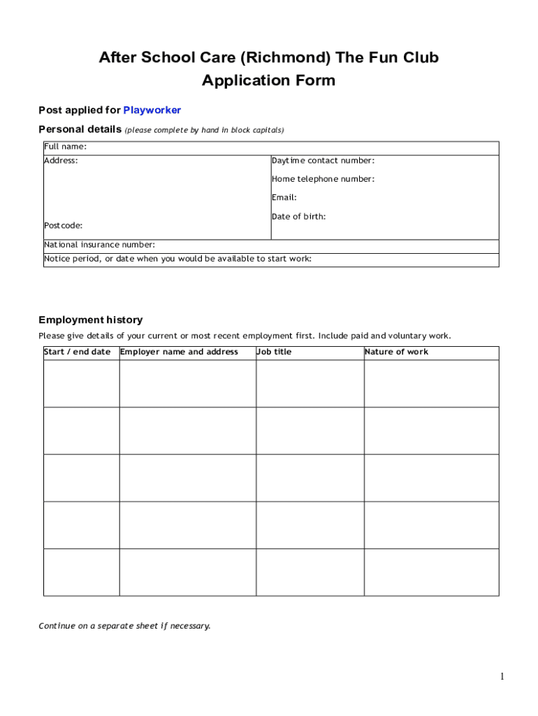 Fillable Online Application form playworker - Mortlake Hall Fax Email ...
