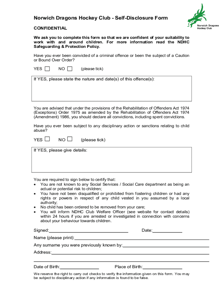 Fillable Online Appendix D - Self-Disclosure Form Fax Email Print ...