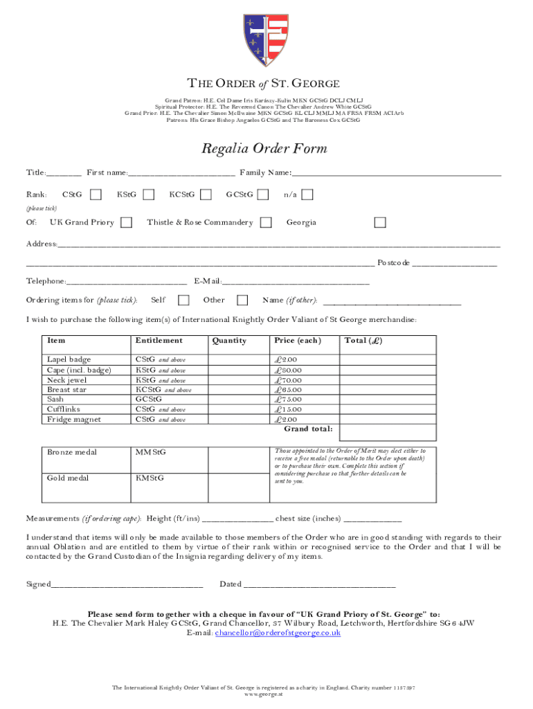 Fillable Online orderofstgeorge co Get the Regalia Order Form - Order ...