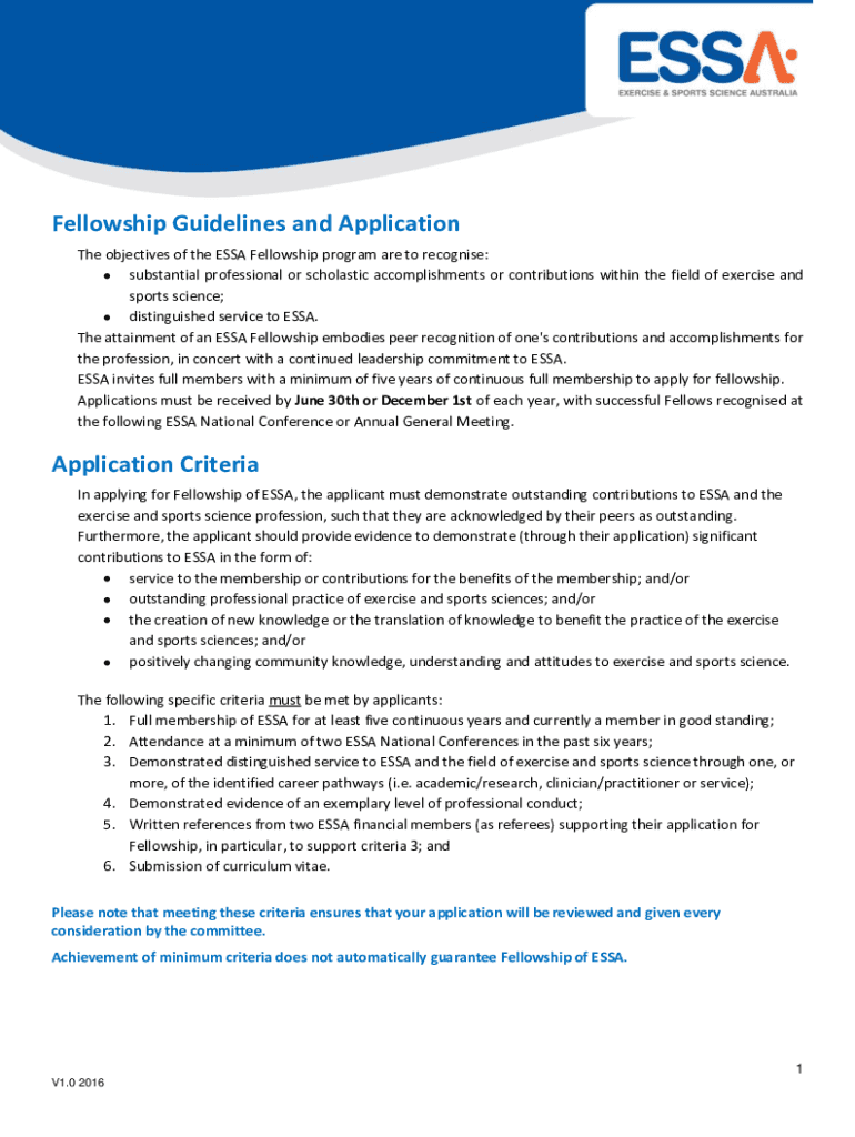 Fillable Online 2018 fellowship guidelines and application form - ESSA ...