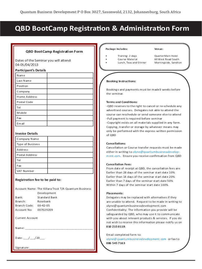 Fillable Online QBD BootCamp Registration & Administration Form Fax ...