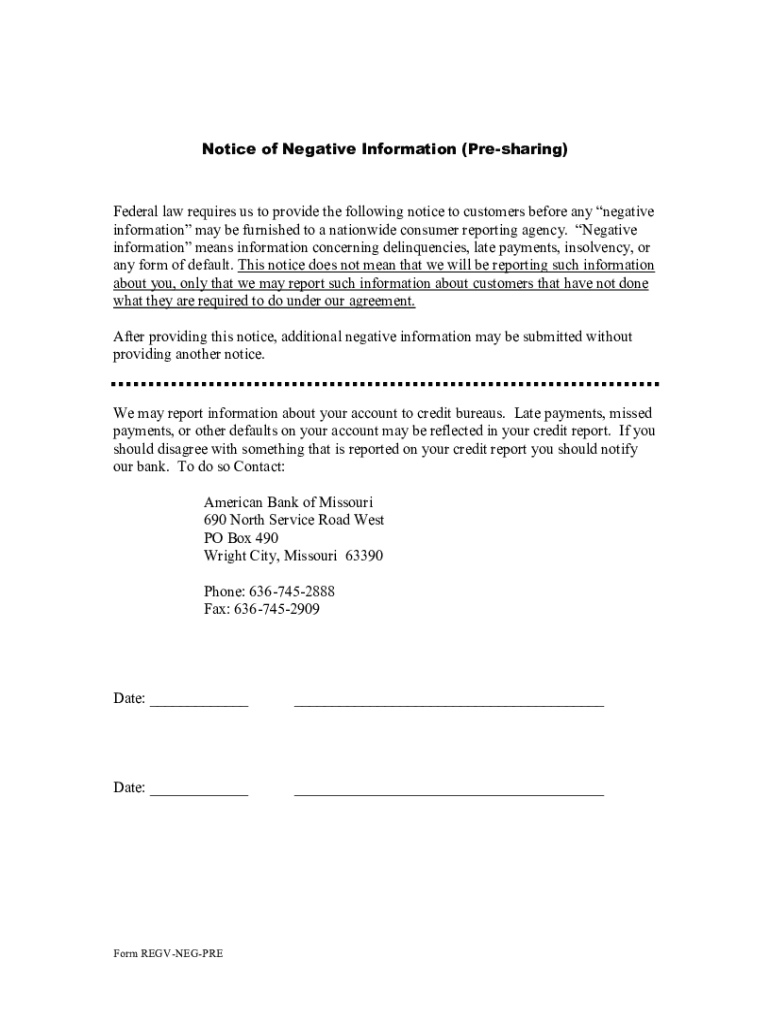 Fillable Online Notice of Negative Information (Pre-sharing ...