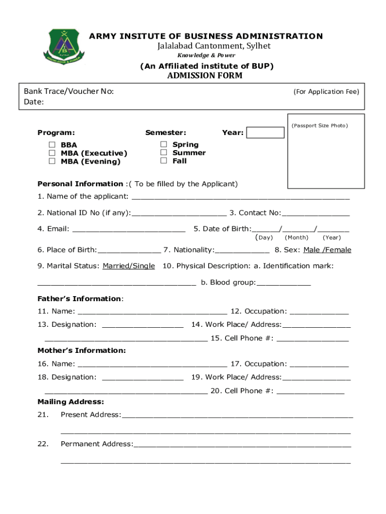 Fillable Online ARMY INSITUTE OF BUSINESS ADMINISTRATION Fax Email ...