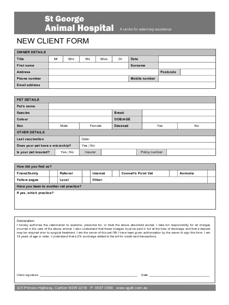 Fillable Online Desex Admission Form - St George Animal Hospital Fax ...