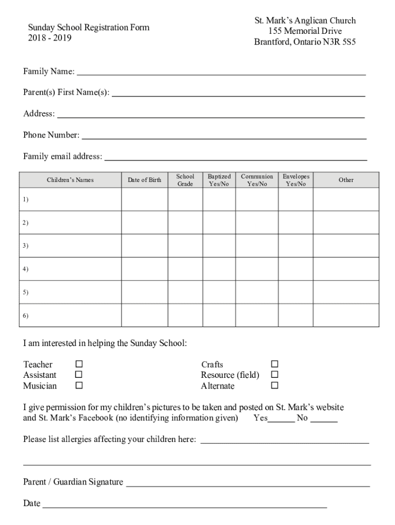 Fillable Online St. Marks Anglican Church Sunday School Registration ...