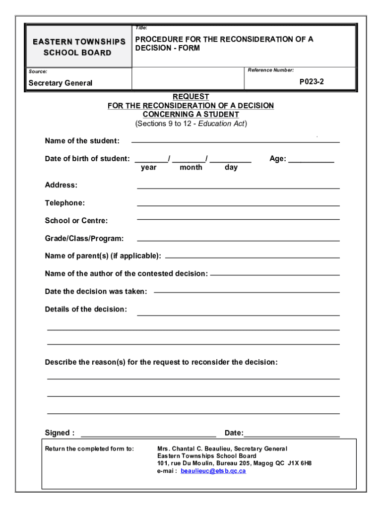 Fillable Online P023-2 Reconsideration of a Decision form - Copie.doc ...