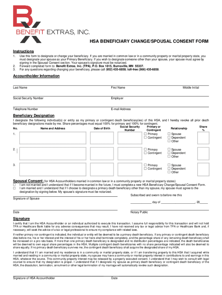 Fillable Online HSA BENEFICIARY CHANGE/SPOUSAL CONSENT FORM Instructions Fax Email Print - pdfFiller