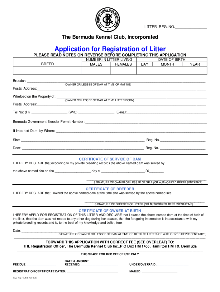 Fillable Online The Bermuda Kennel Club, Incorporated APPLICATION FOR ...