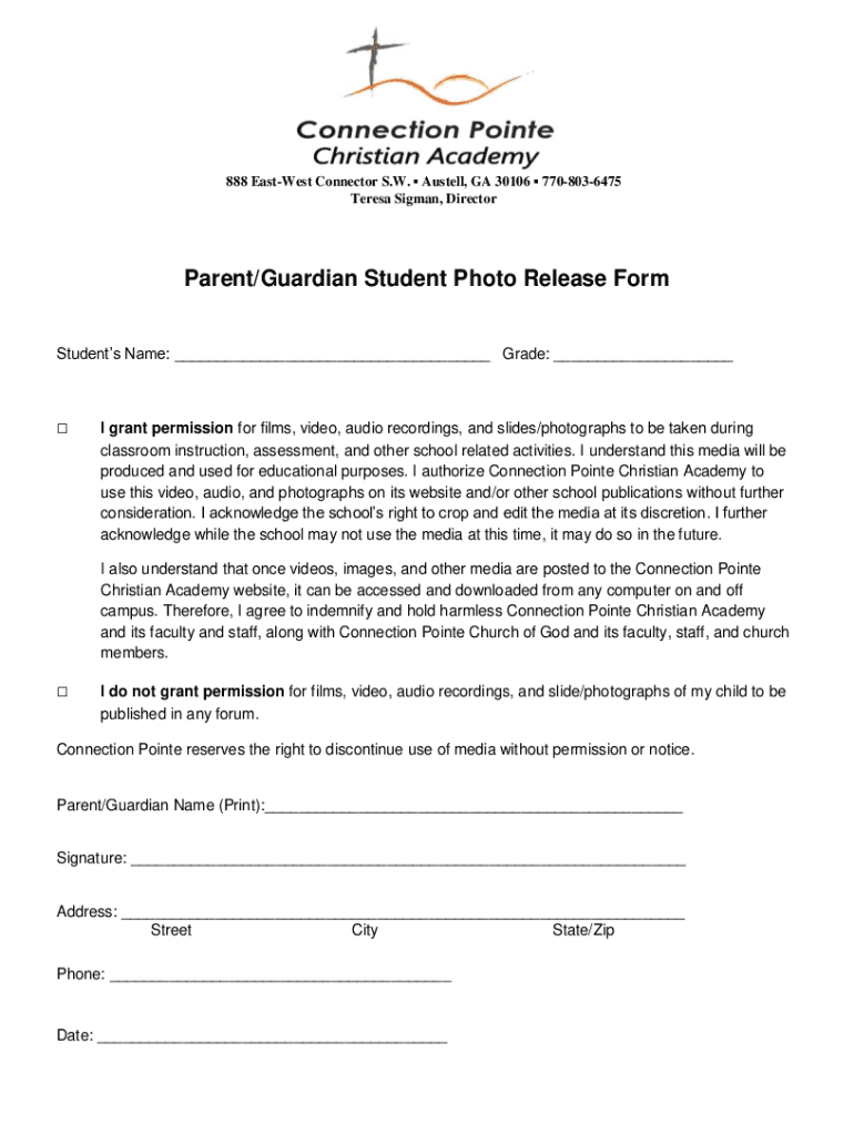 Fillable Online Parent/Guardian Student Photo Release Form - Connection ...