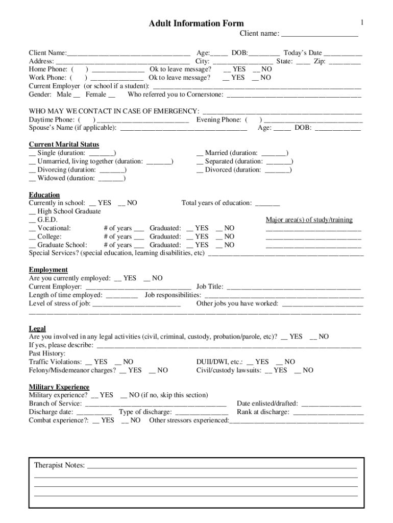 Fillable Online Adult Information Form 8.7 - Cornerstone Clinical ...