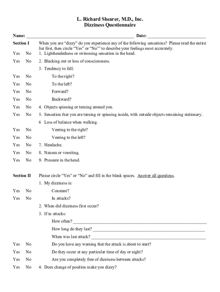 Fillable Online L. Richard Shearer, M.D., Inc. Dizziness Questionnaire ...
